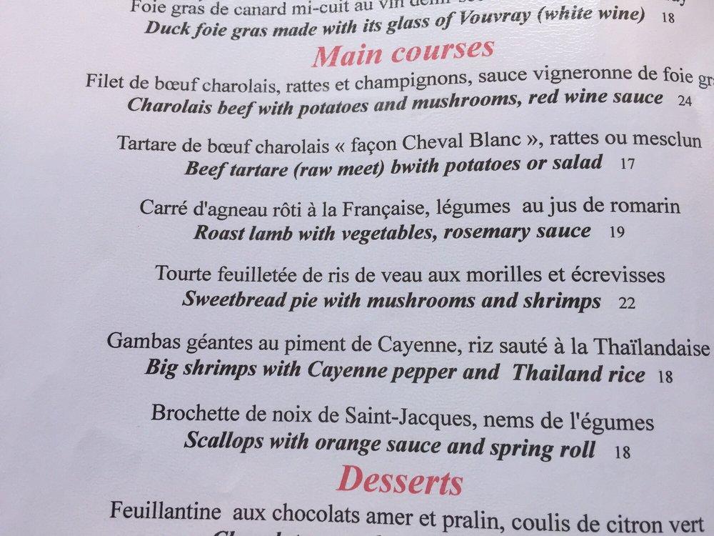 Menu at Restaurant le Cheval Blanc, Vézelay