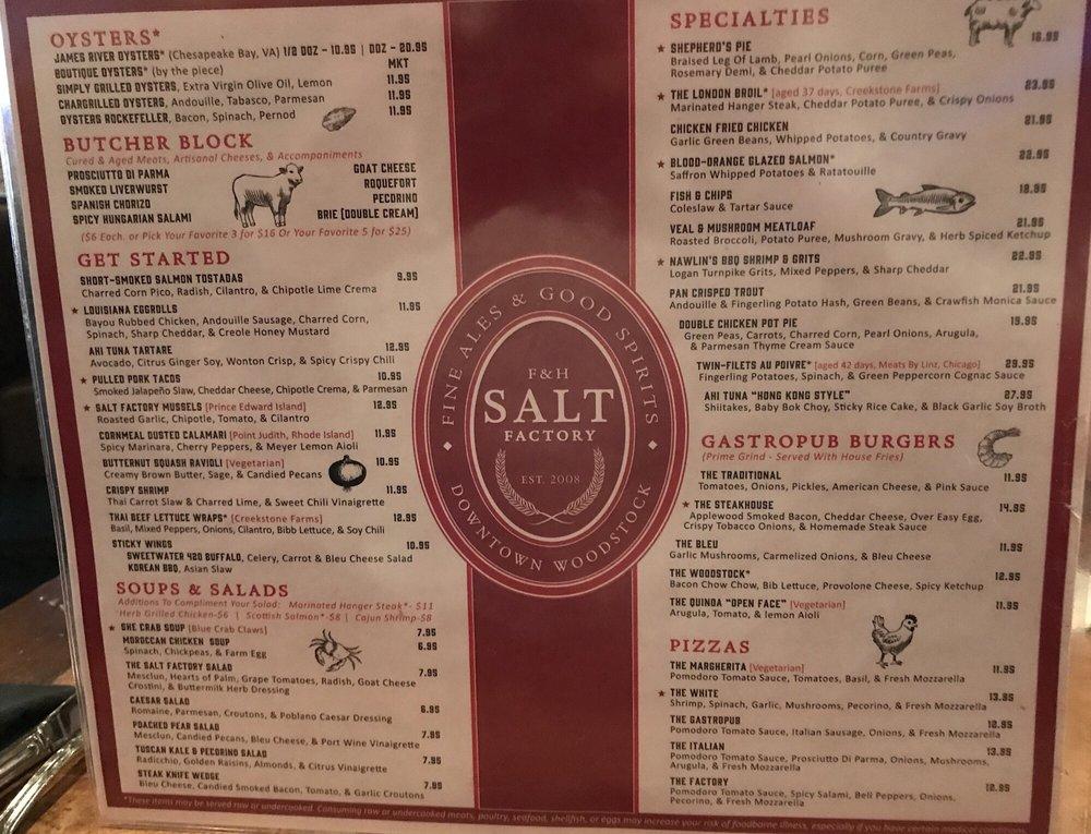 Menu at Salt Factory Pub, Woodstock