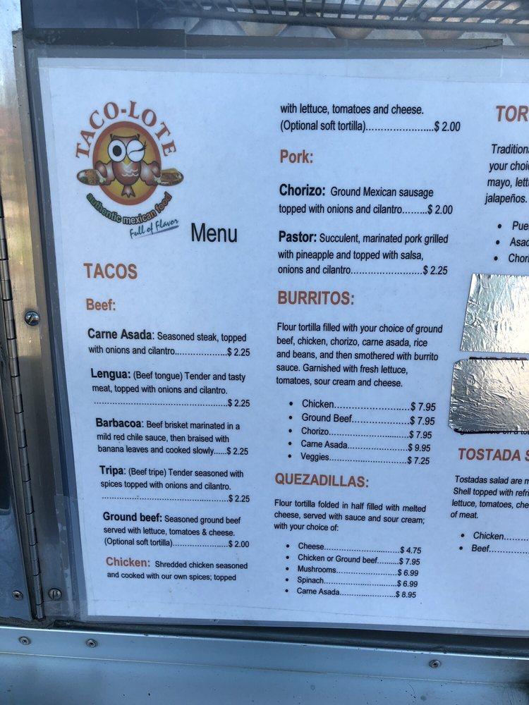 Menu at Taco-Lote restaurant, Olympia