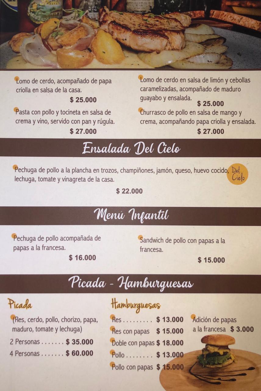Menu at Del Cielo Restaurante, Cali