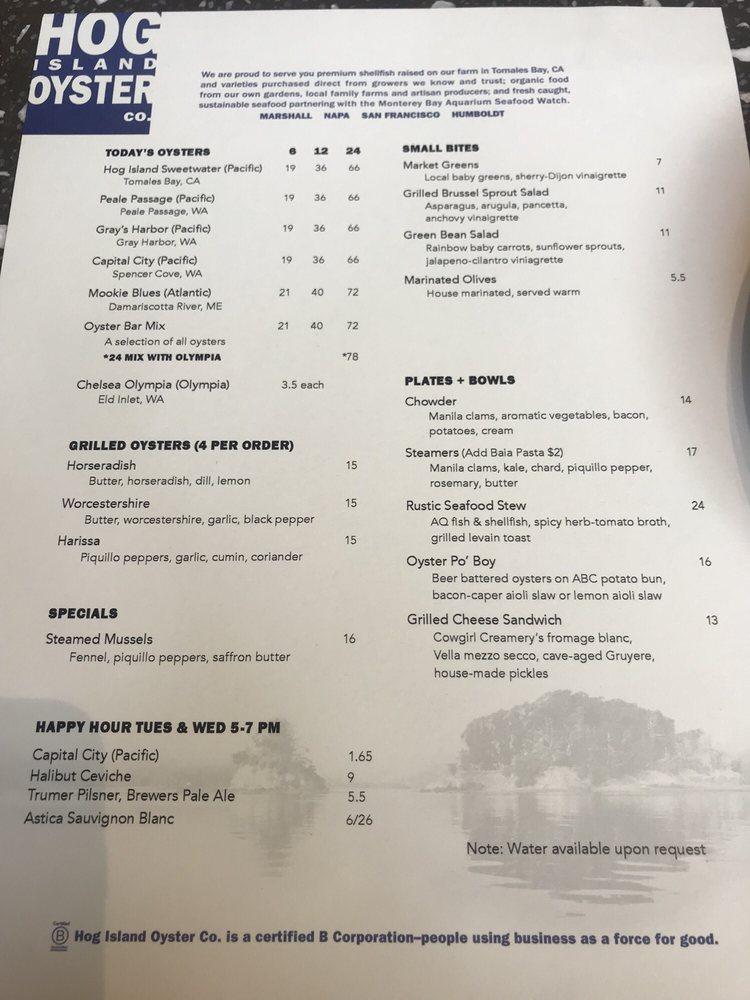 Menu at Hog Island Oyster Co restaurant, Napa