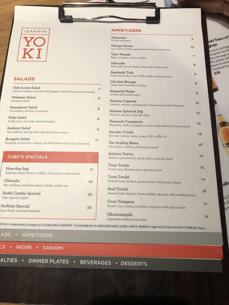 Menu at Izakaya Yoki restaurant, San Francisco