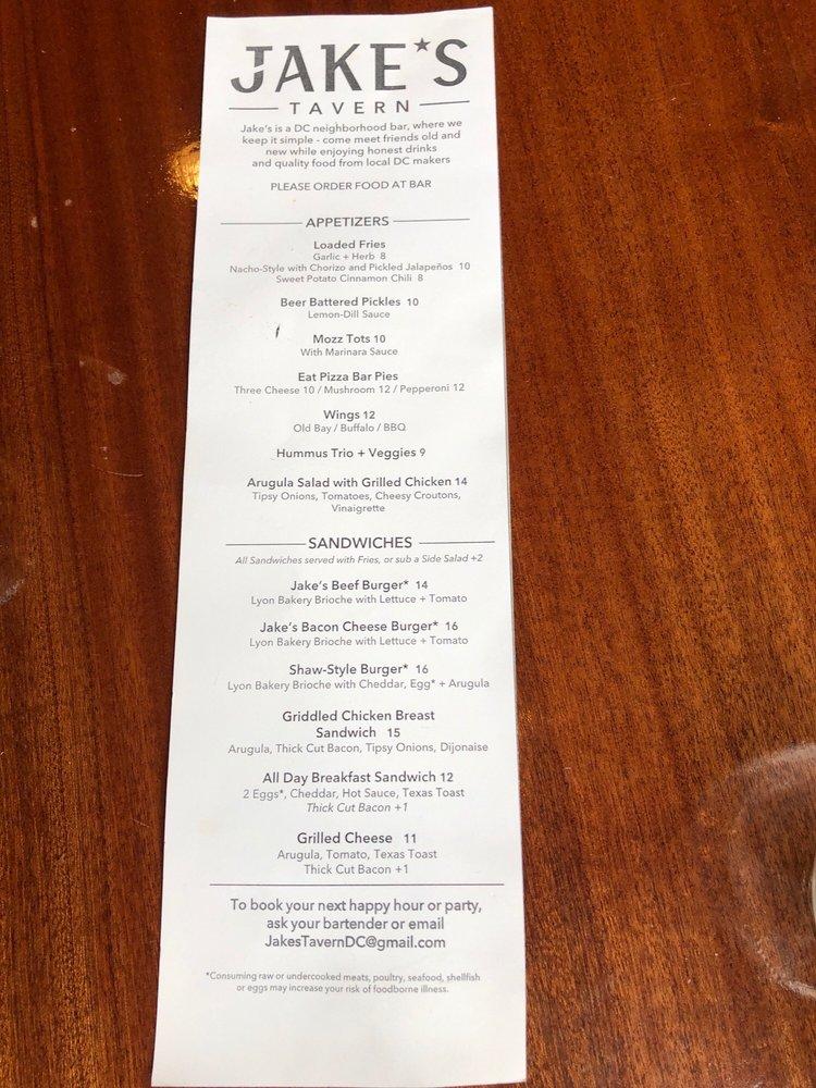 Menu at Jake's Tavern pub & bar, Washington