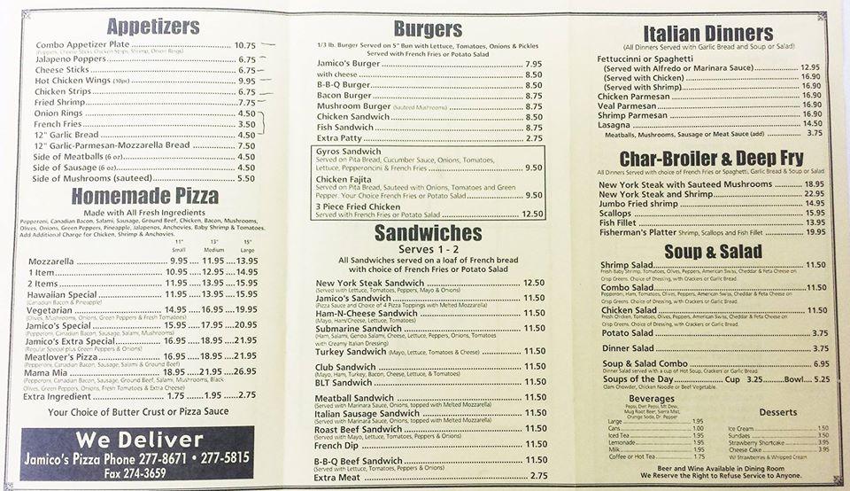Menu at Jamico's Pizzeria Restaurant, Anchorage