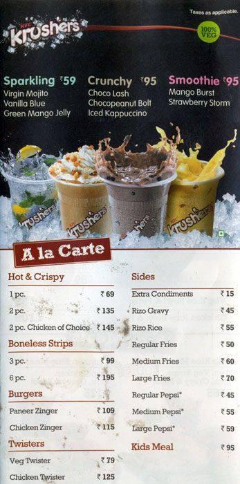 Menu at KFC ABIDS, India