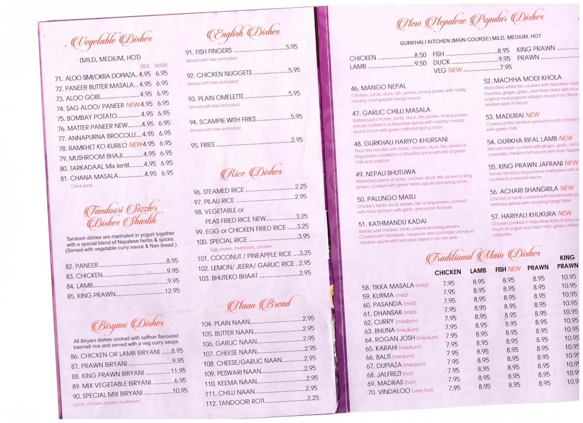 Menu at Kathmandu Gurkha (Dinner Kathmandu) restaurant, Clay Cross