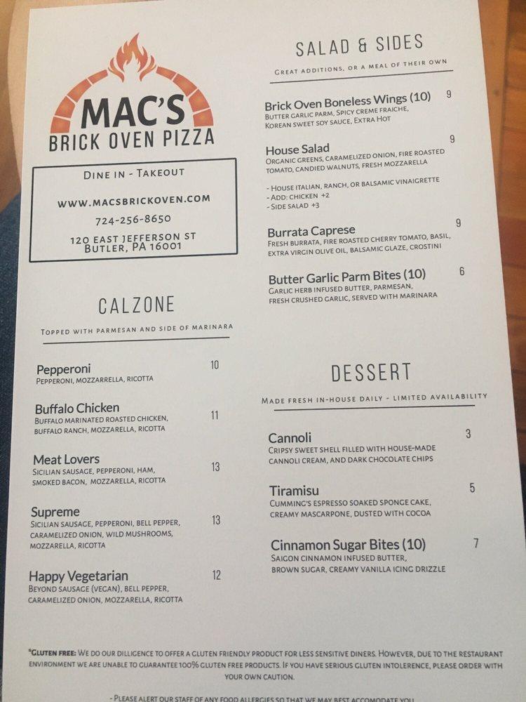 Carta de pizzería Mac's Brick Oven Pizza, Butler