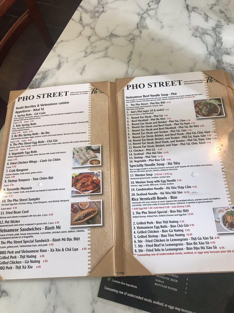 Menu at Pho Street restaurant, Bradenton