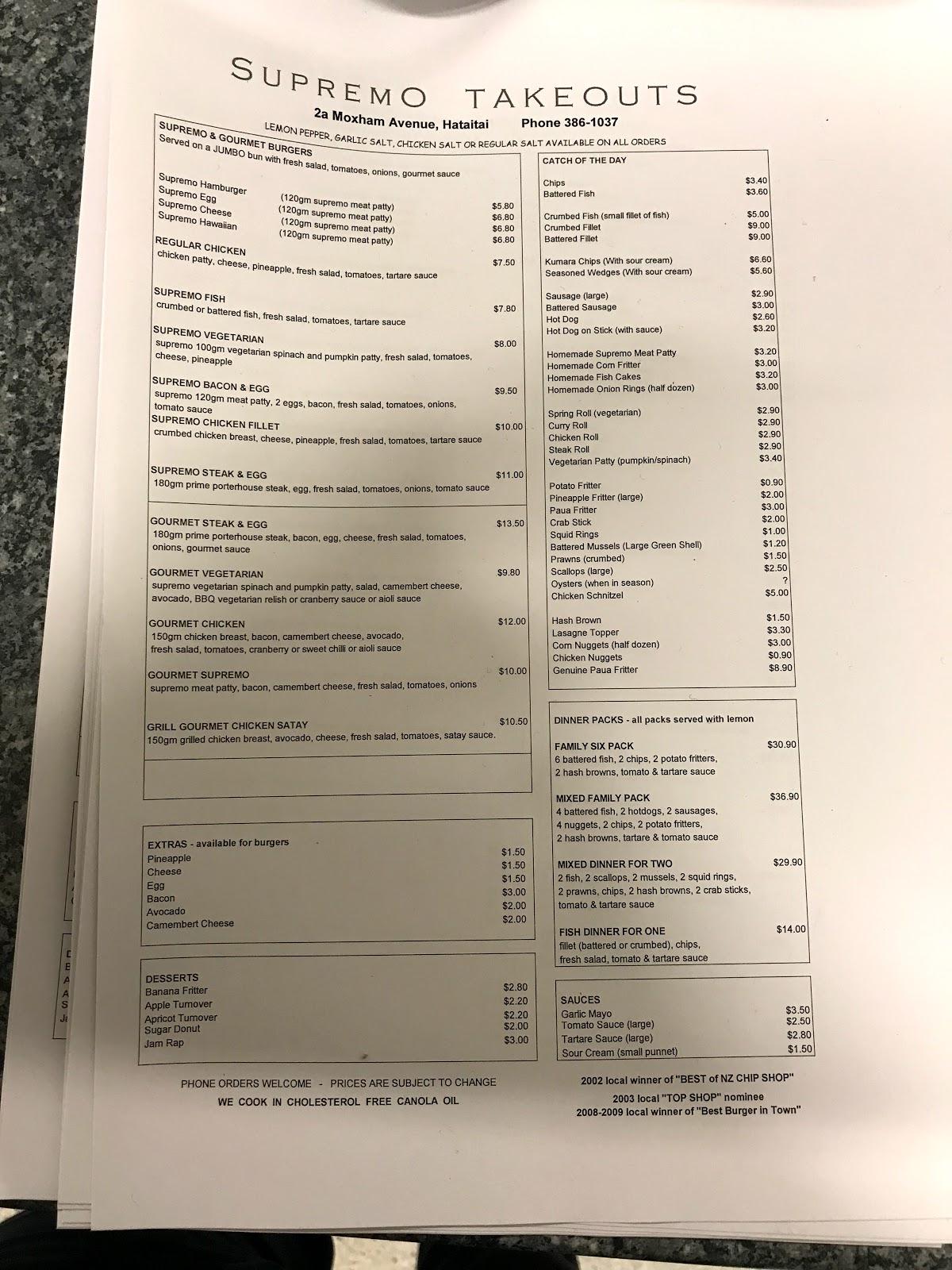 Menu at Supremo Takeouts restaurant, Wellington