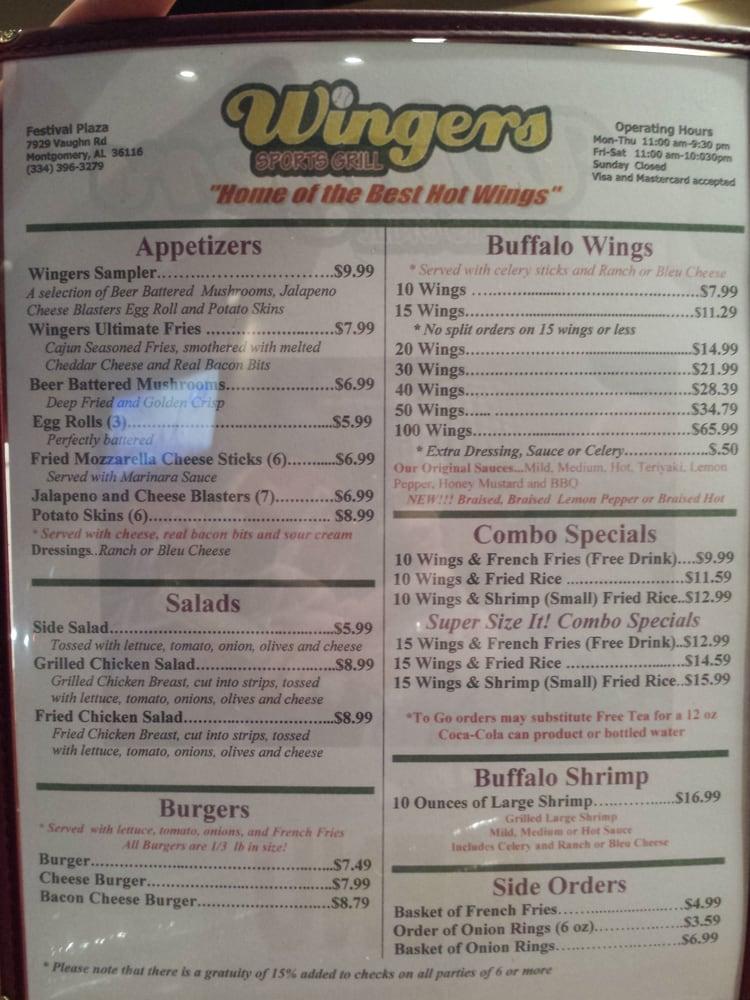 Menu at Wingers Sports Bar& Grill (Festival Plaza), Montgomery, Vaughn Rd