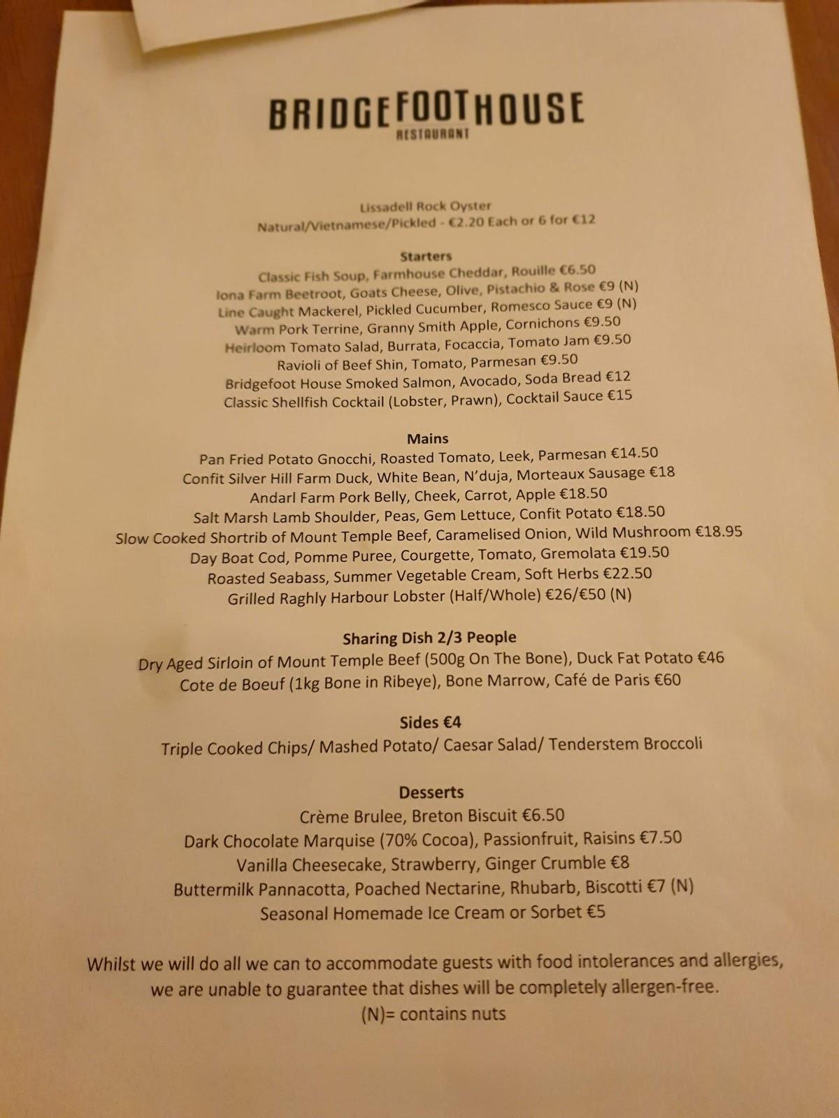 Menu at Bridgefoot House restaurant, Sligo