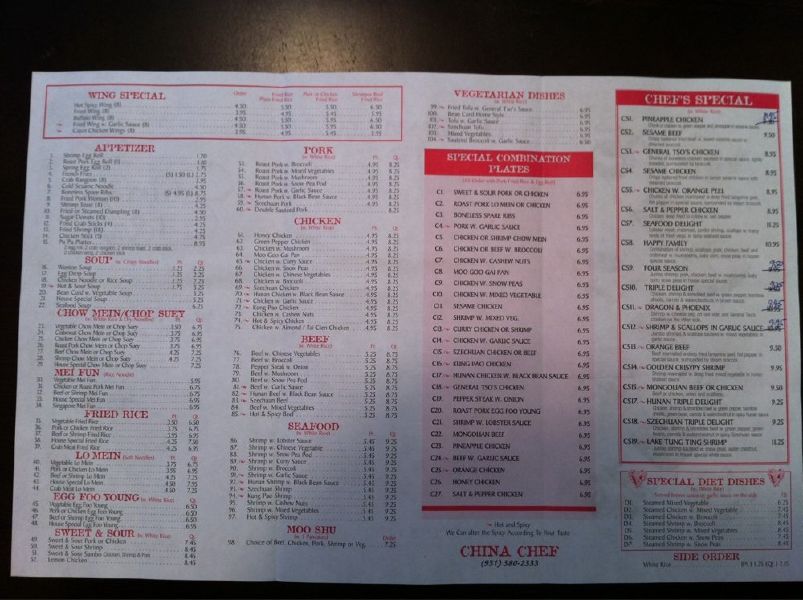 Menu at China Chef restaurant, Columbia
