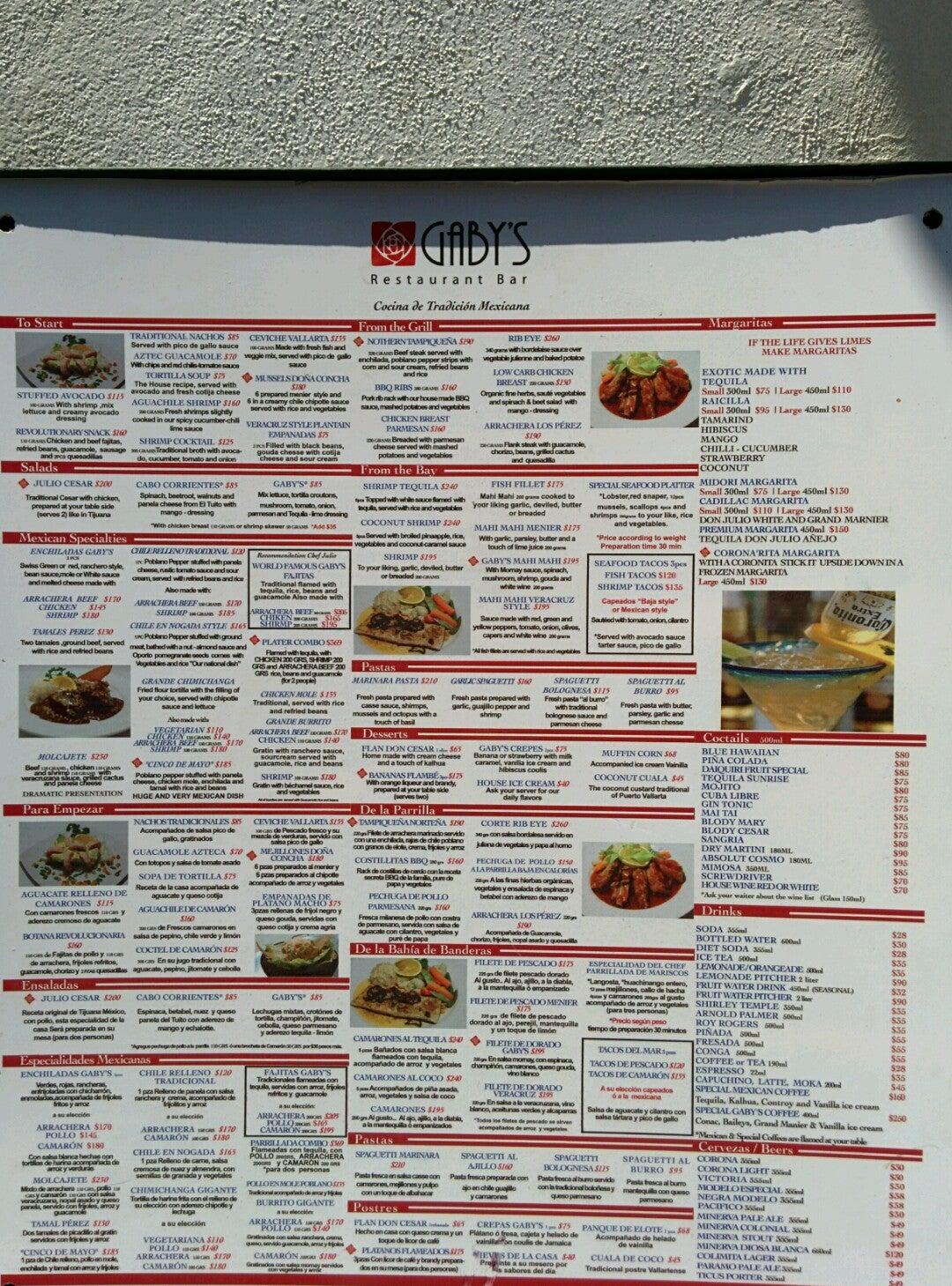 Menu at Gaby's Restaurant Bar, Puerto Vallarta, C. Mina 252
