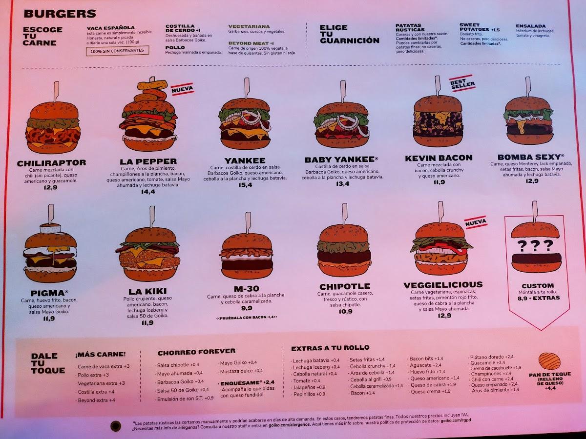 Carta del restaurante Hamburguesería Goiko, Madrid, C. del Silvano