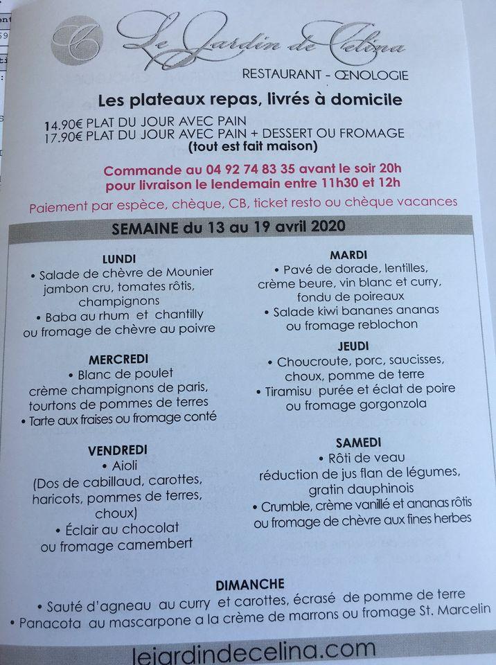 Carta del restaurante Le Jardin del Celina, Valensole