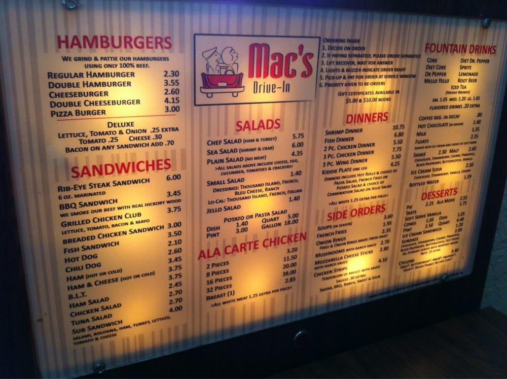 Menu at Mac's Drive-In restaurant, McCook