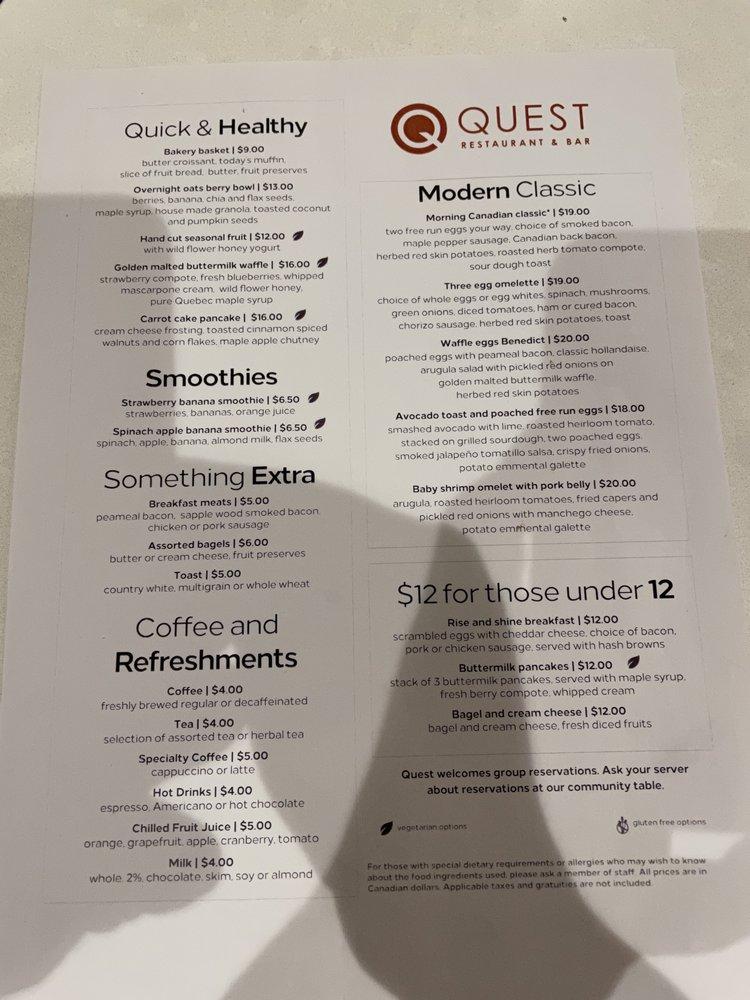 Menu at Quest Restaurant and Bar, Mississauga