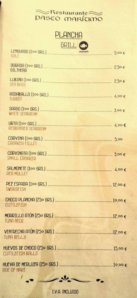 Menu at Restaurante Paseo Marítimo, El Rompido