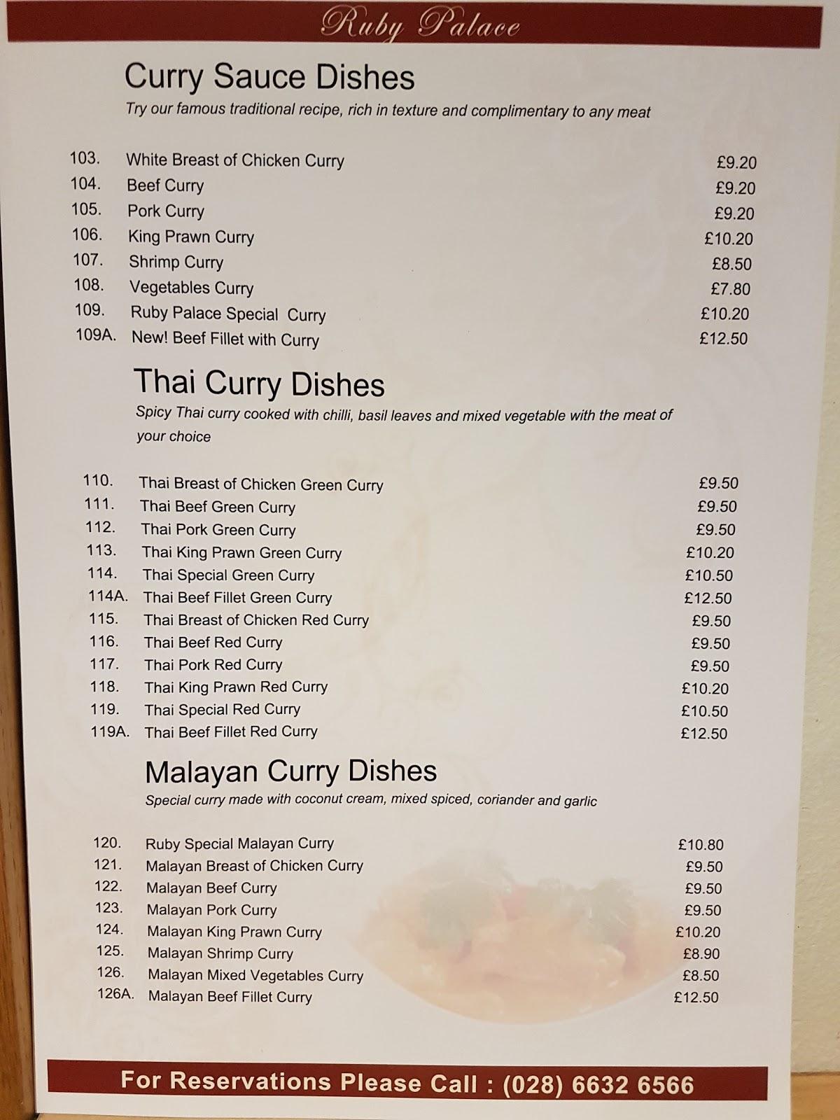 Menu at Ruby Palace restaurant, Enniskillen