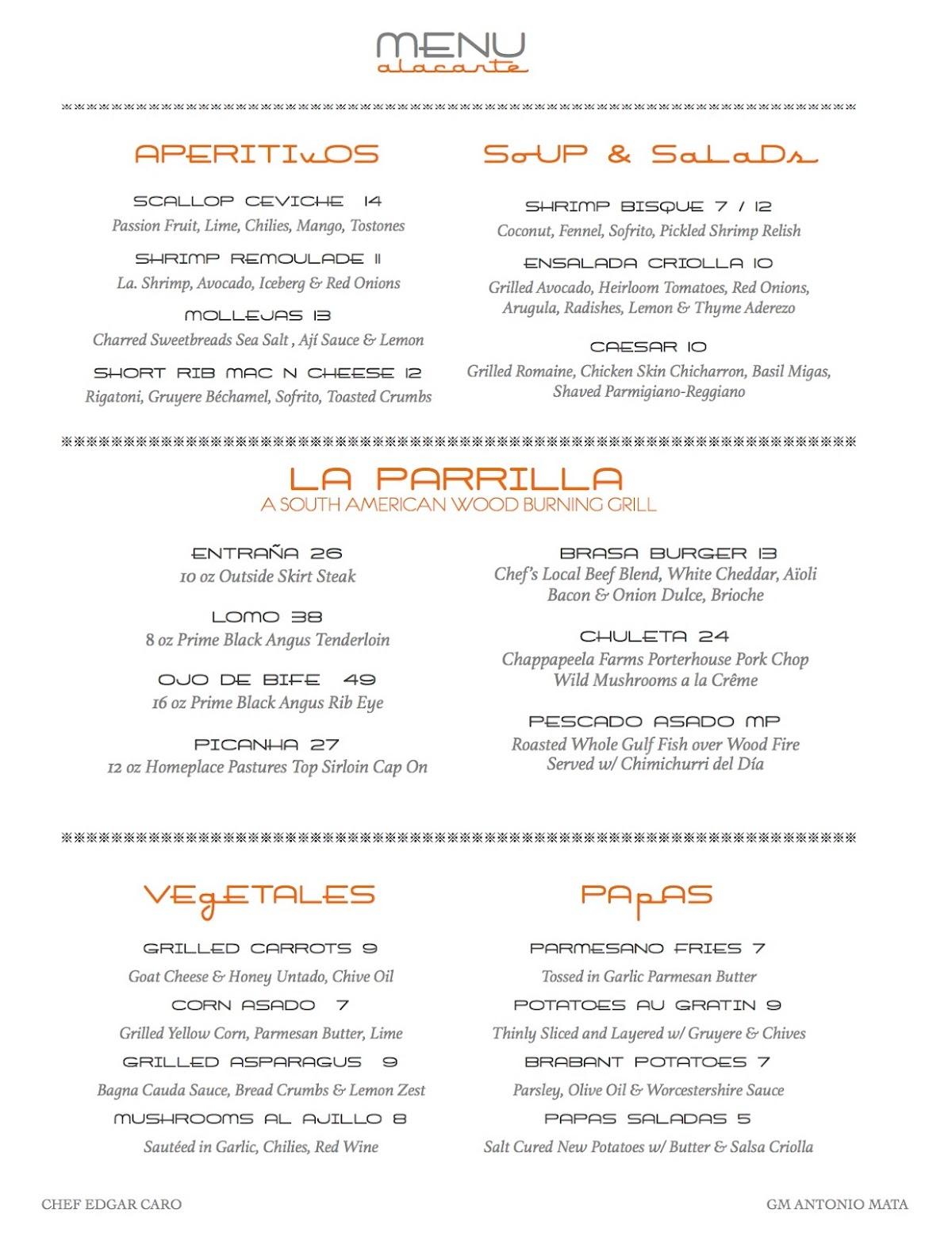Menu at Brasa Churrasqueria steakhouse, Metairie