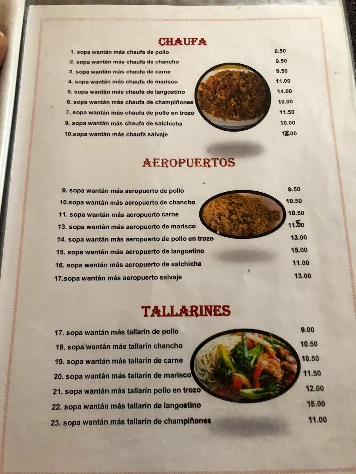 Menu at Chifa Cheng restaurant, Cusco