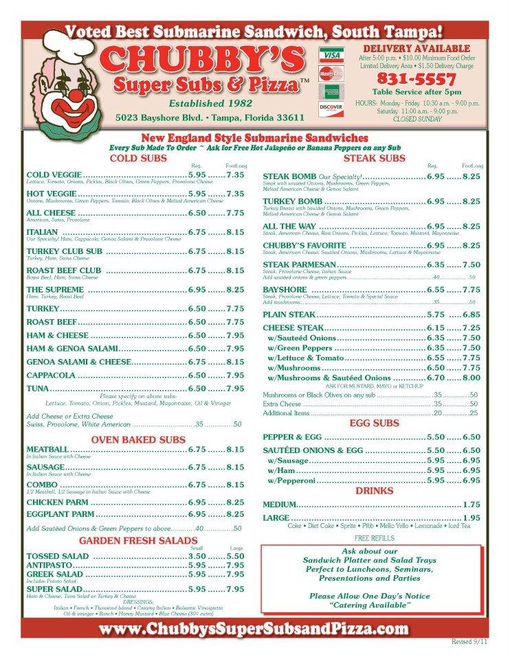 Menu at Chubby's Super Subs & Pizza pub & bar, Tampa