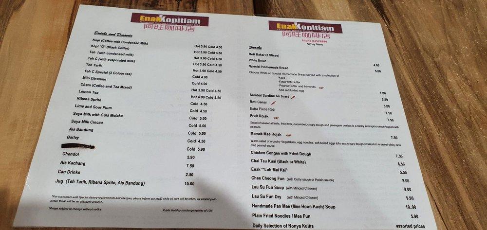 Menu at Enak Kopitiam restaurant, Willetton, shop 11/61 Apsley Rd