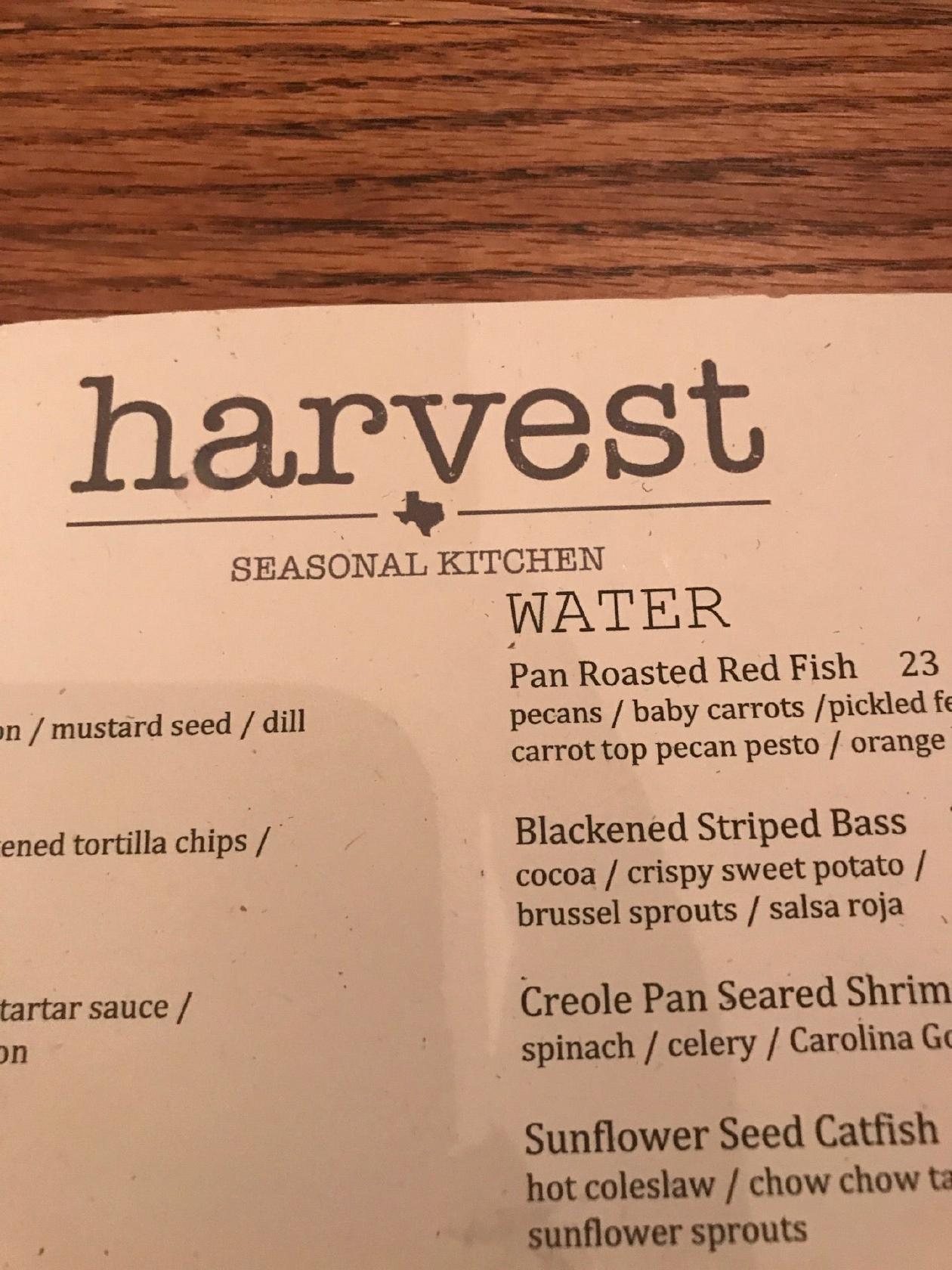 Menu at Harvest at the Masonic restaurant, McKinney