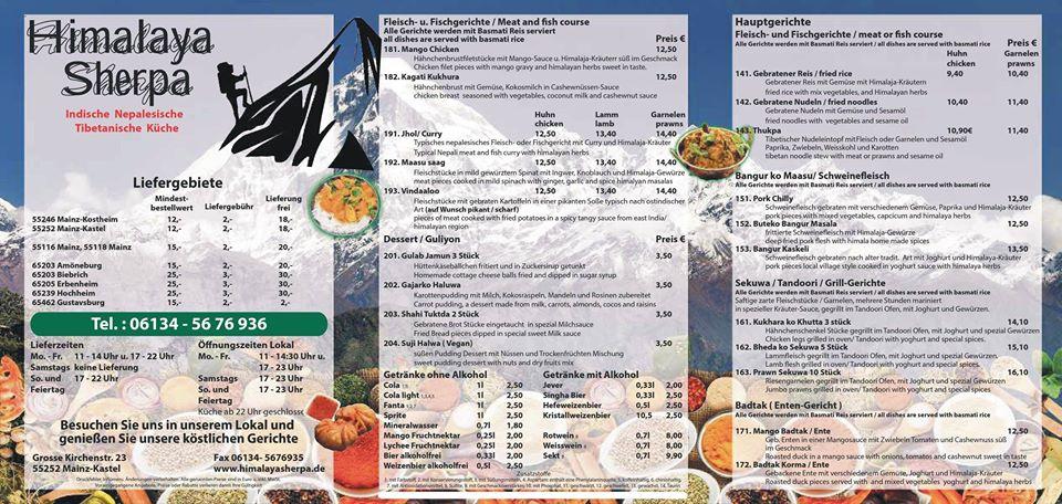 Menu at Himalaya Sherpa restaurant, Wiesbaden