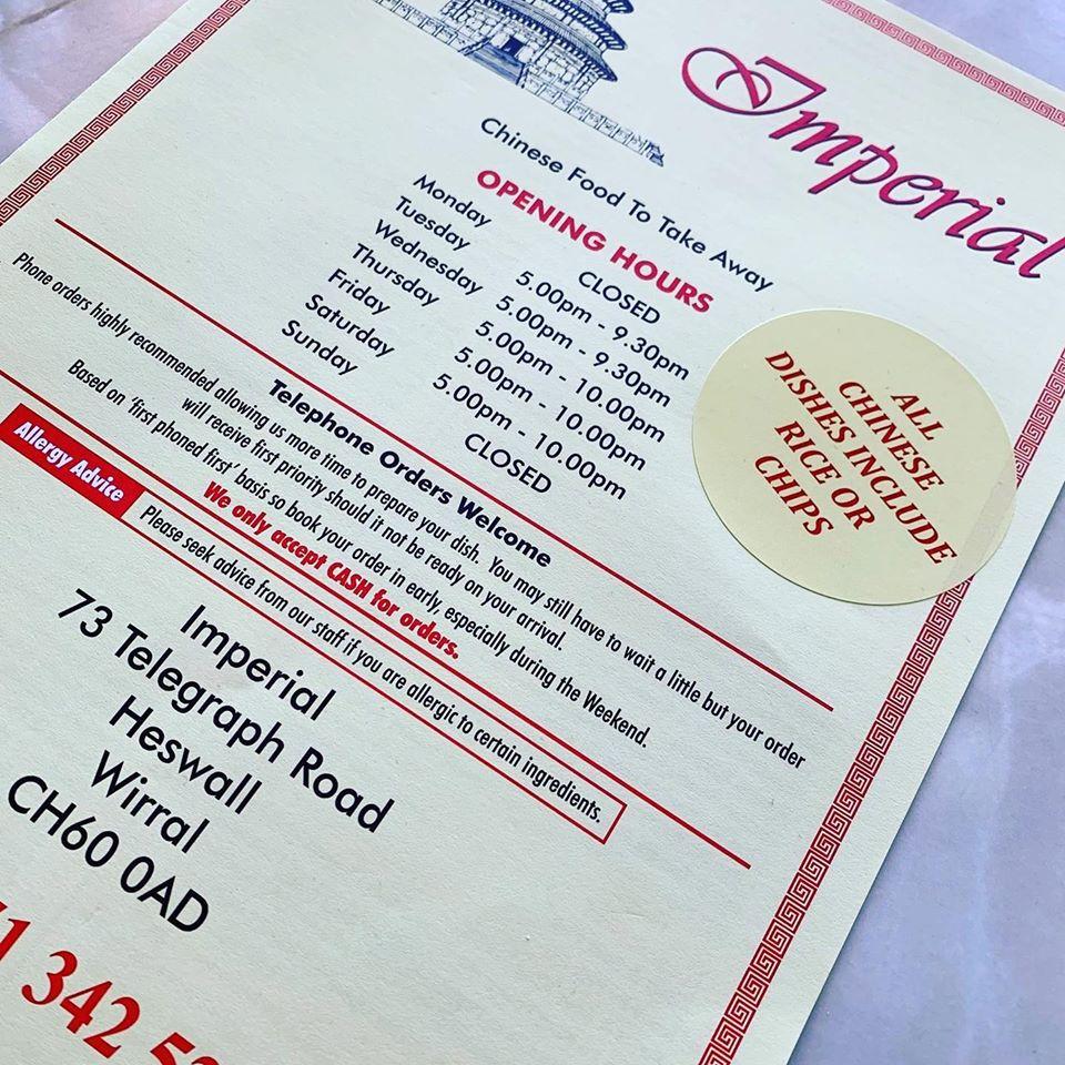Menu at Imperial Chinese Takeaway fast food, Heswall
