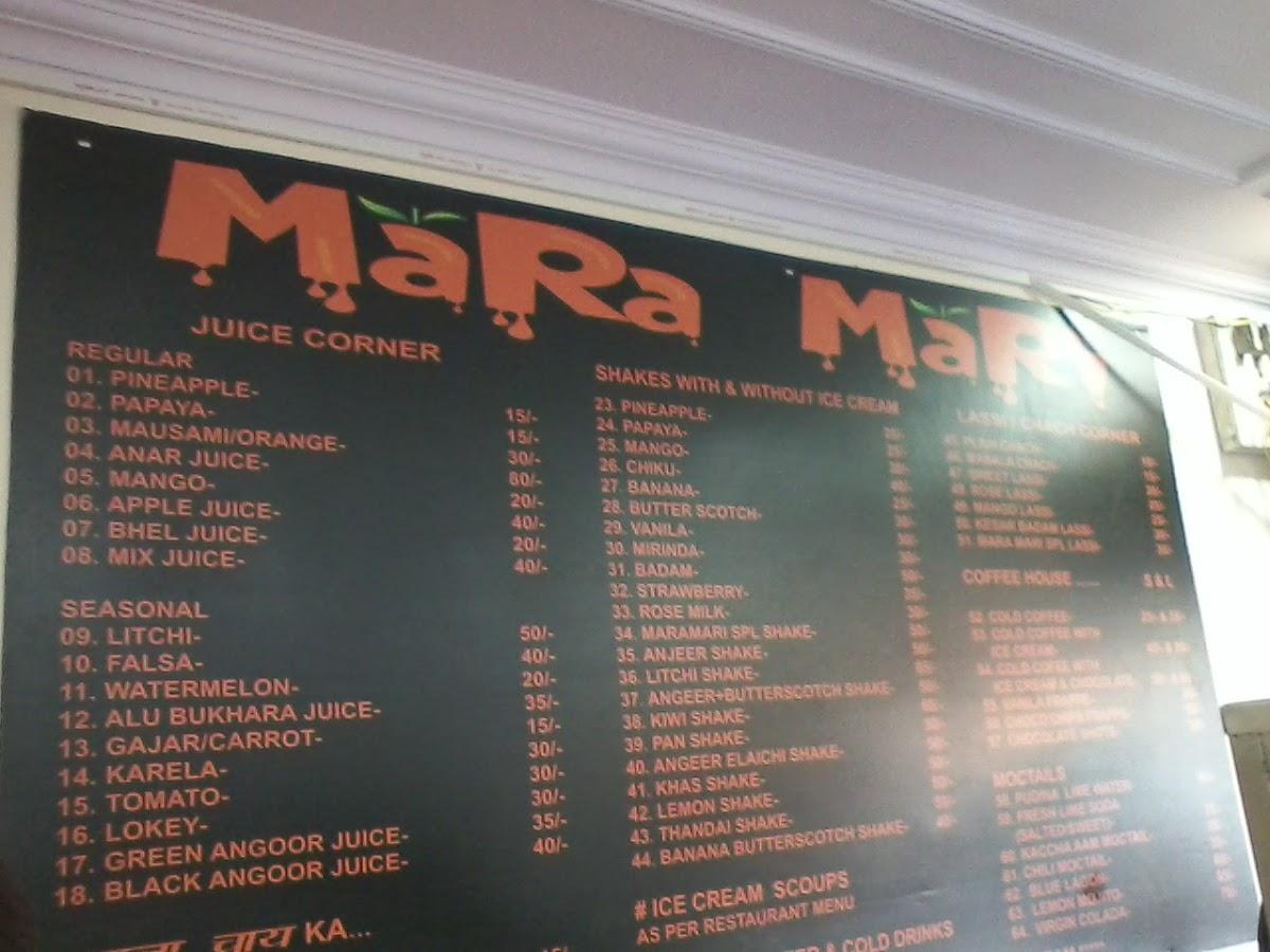 Menu at Mara Mari, Jaipur, Railway Station