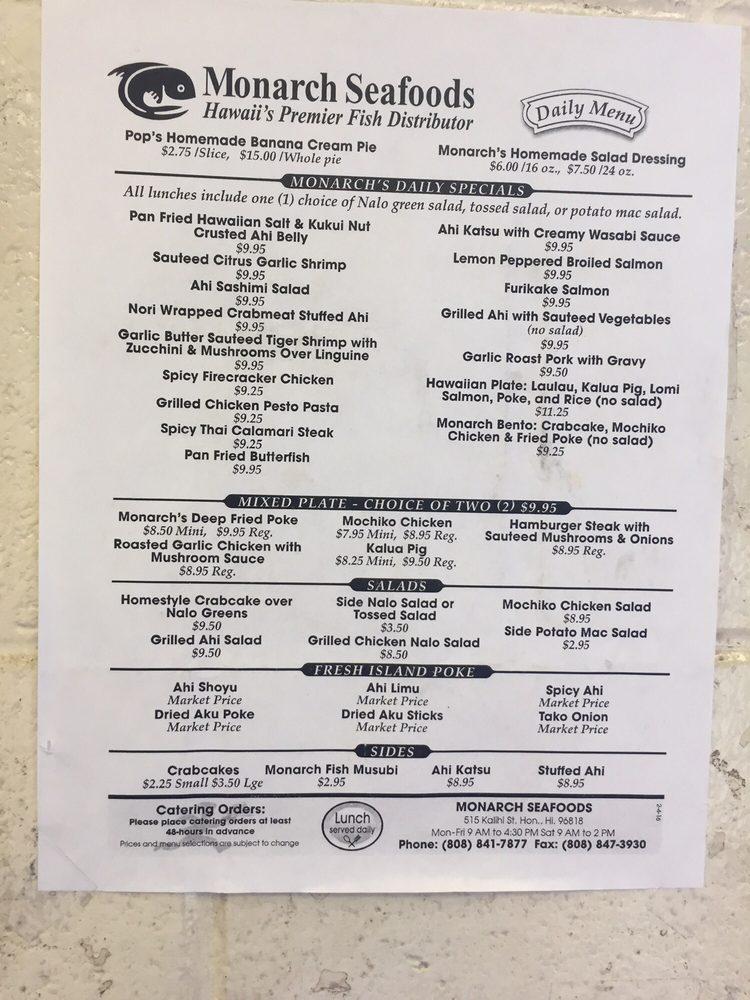 Menu at Monarch Seafoods restaurant, Honolulu, 515 Kalihi St