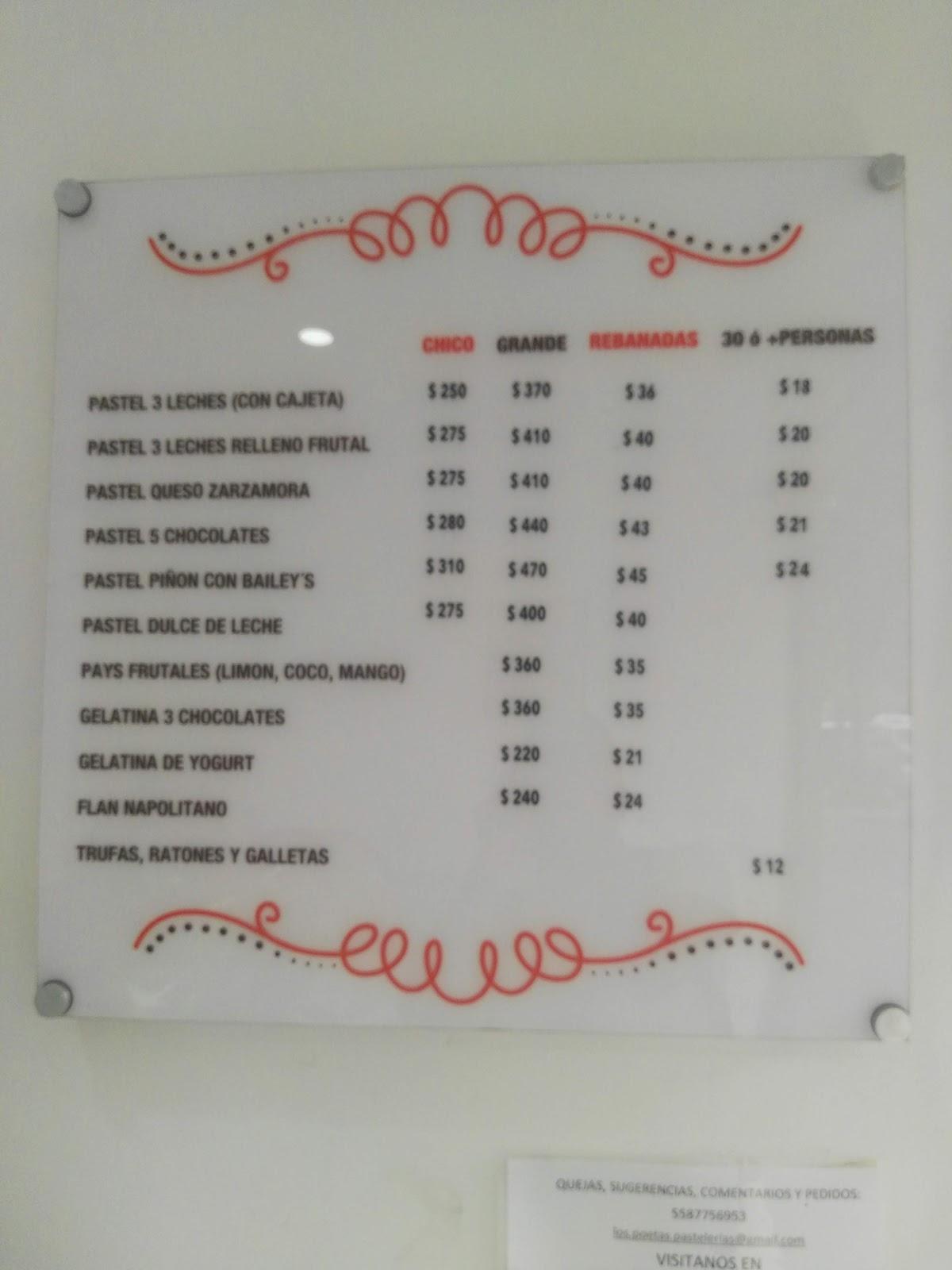 Menu at Pastelería Los Poetas, Mexico City