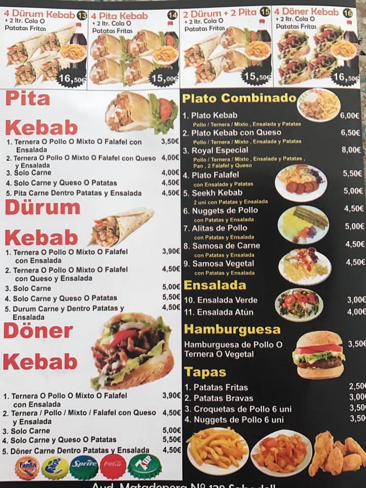 Menu at Royal Kebab restaurant, Sabadell