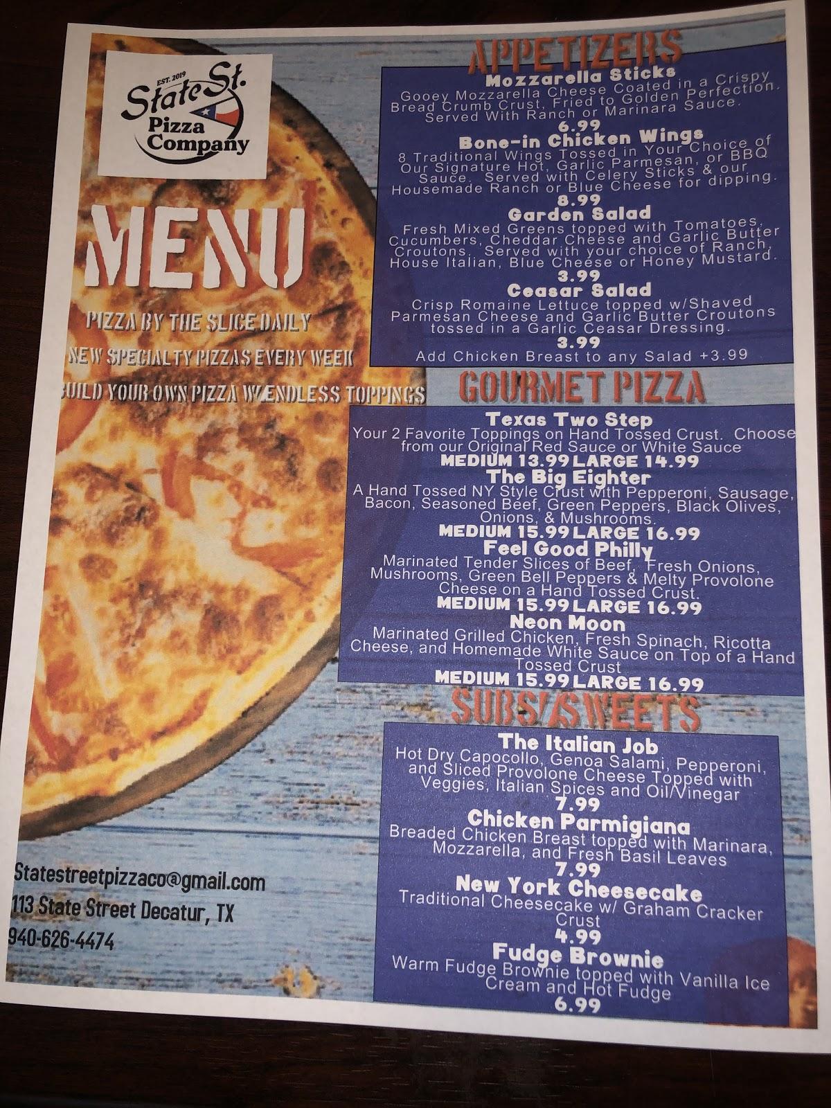 Carta de pizzería State Street Pizza Company, Decatur