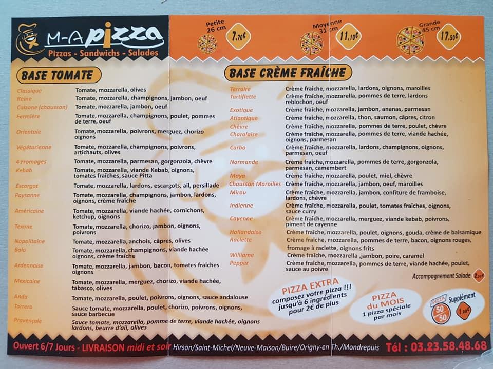 Menu at MA Pizza restaurant, Hirson