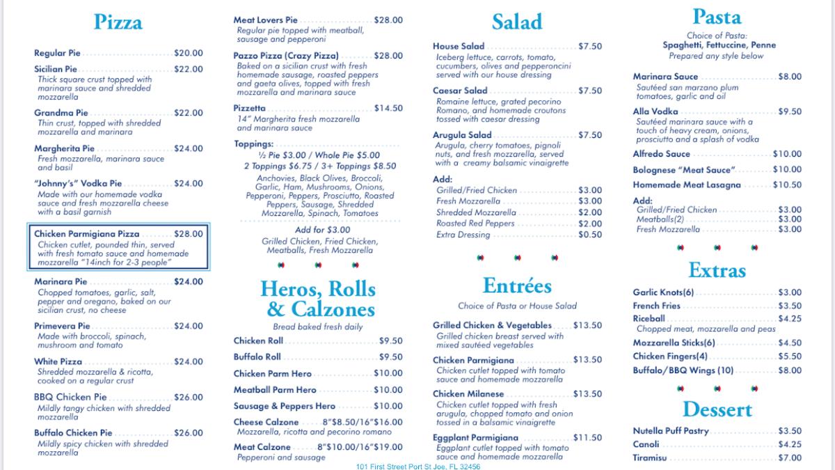 Menu at Peter's Pizzeria, Port Saint Joe