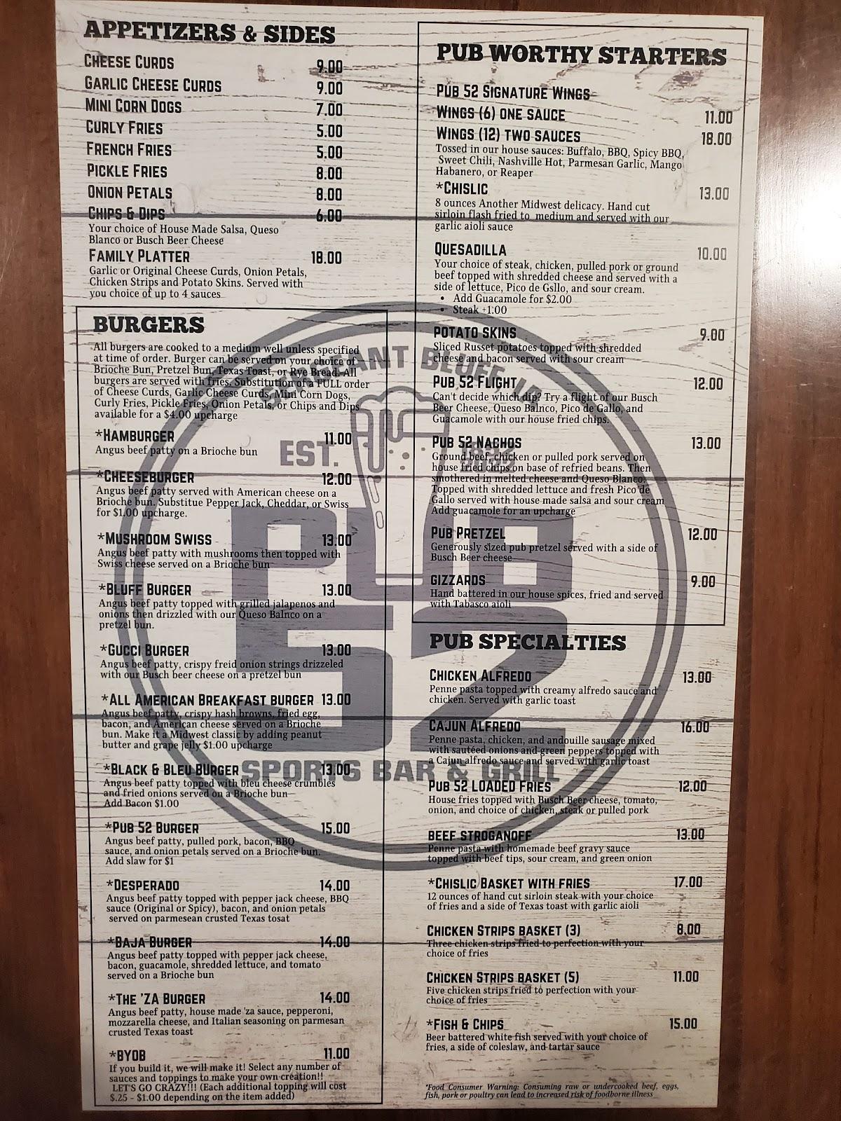 Menu at Pub 52, Sergeant Bluff
