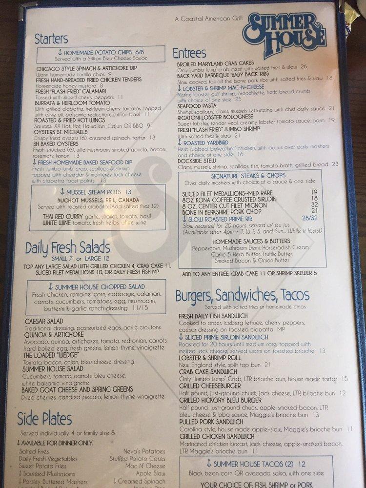 Menu at Summer House steakhouse, Rehoboth Beach