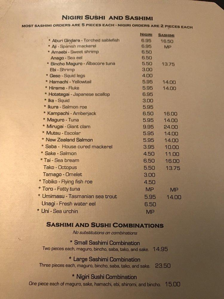 Menu at Takashi restaurant, Salt Lake City