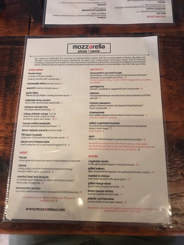 Menu at mozzarella pizzeria, South Orange