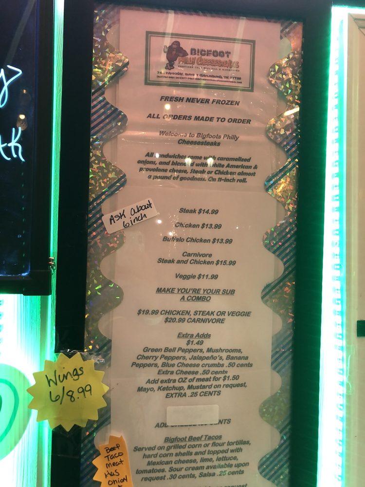 Menu at Bigfoot Philly Cheesesteaks pizzeria, Gatlinburg, Wears Valley Rd