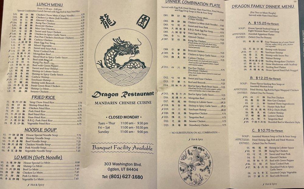 Menu at Dragon Restaurant, Ogden