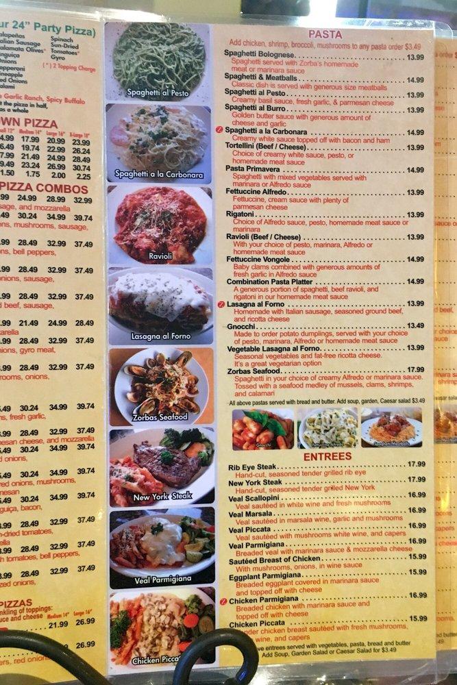 Menu at Zorba's Gyros restaurant, Orland Park