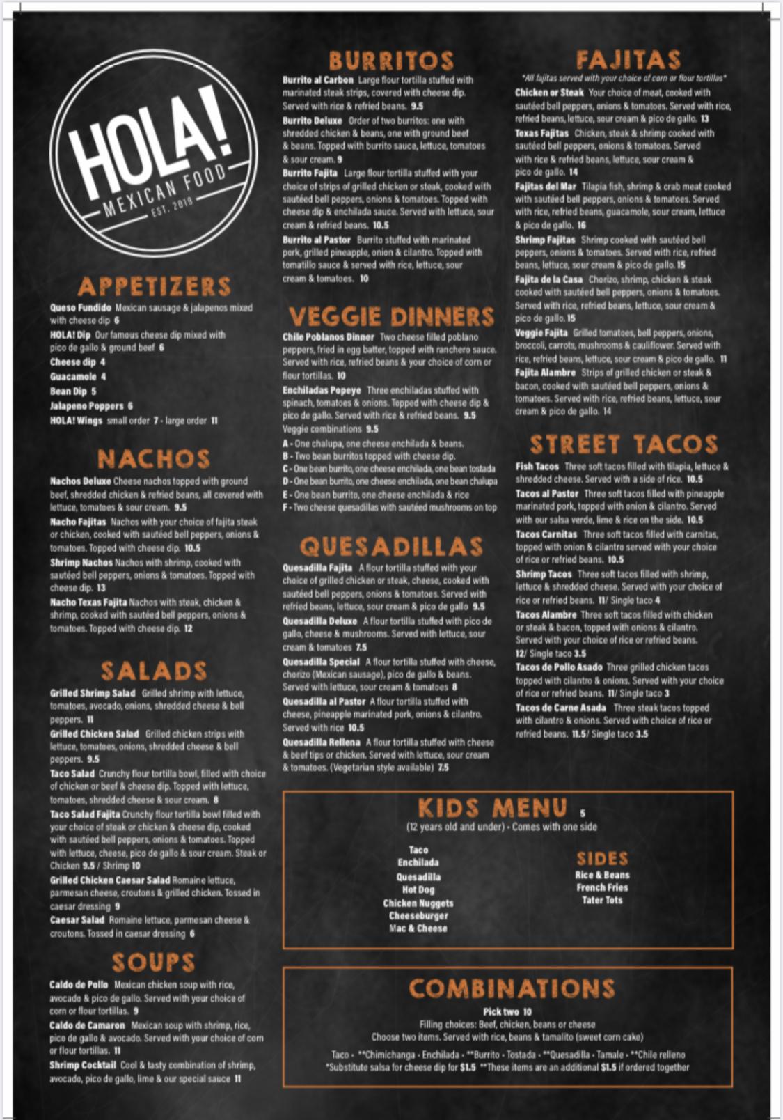 Carta del restaurante Hola! Mexican Food, Eureka