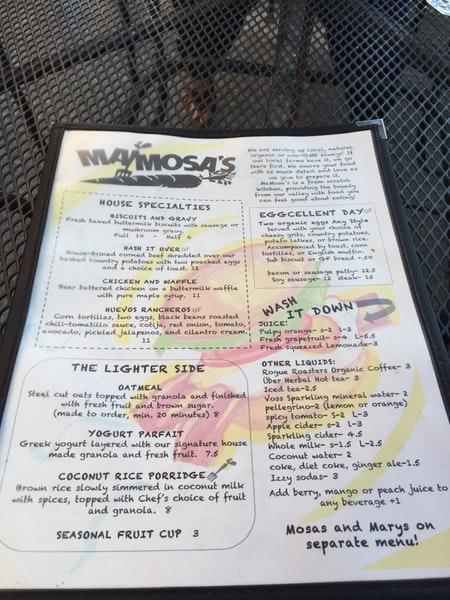 Menu at Ma Mosa's restaurant, Grants Pass