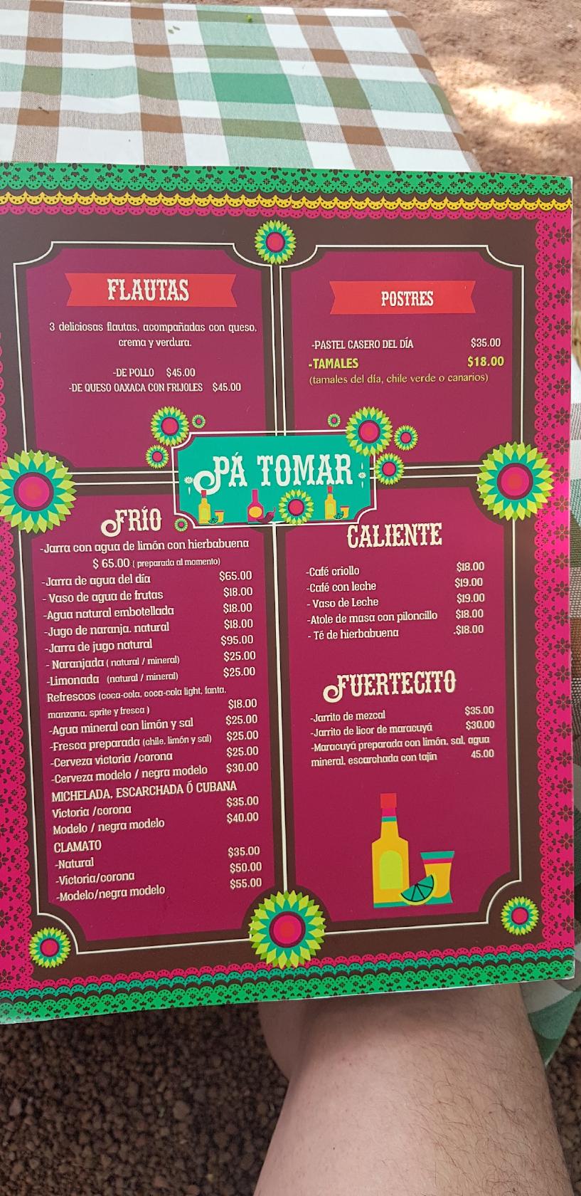 Carta del restaurante Rancho Seco, Malinalco