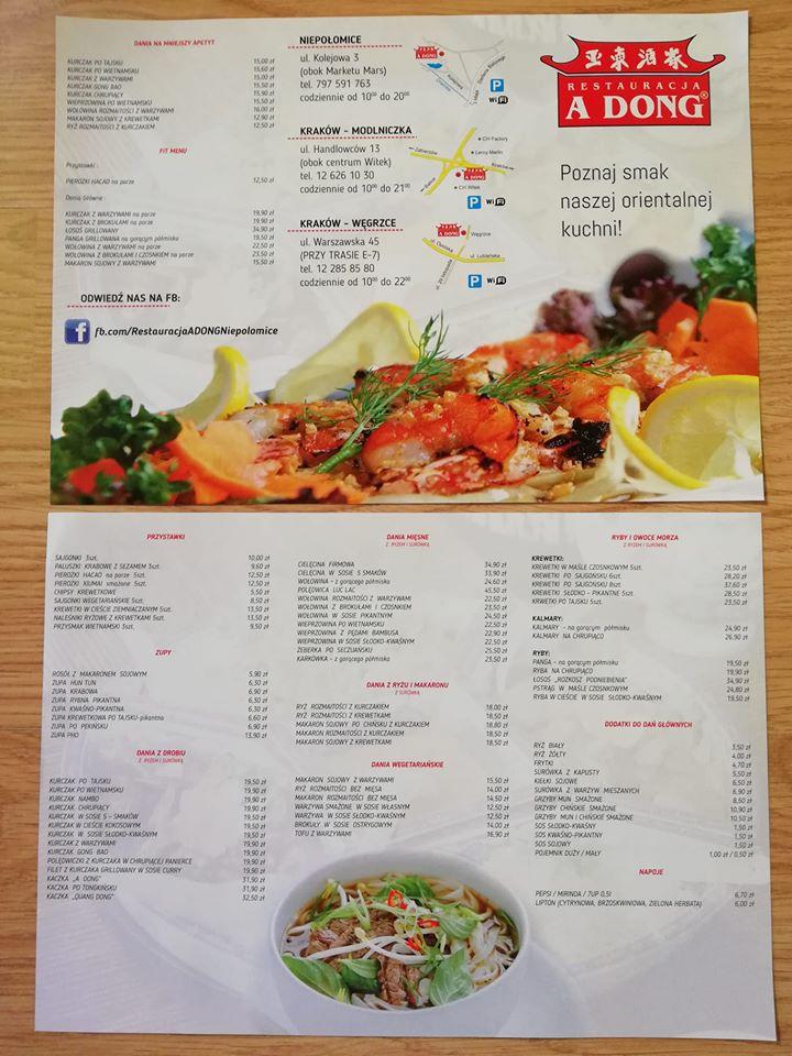Menu at A Dong restaurant, Niepołomice