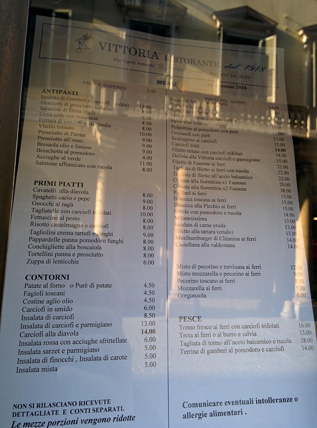 Menu da Ristorante Vittoria dal 1918, Torino