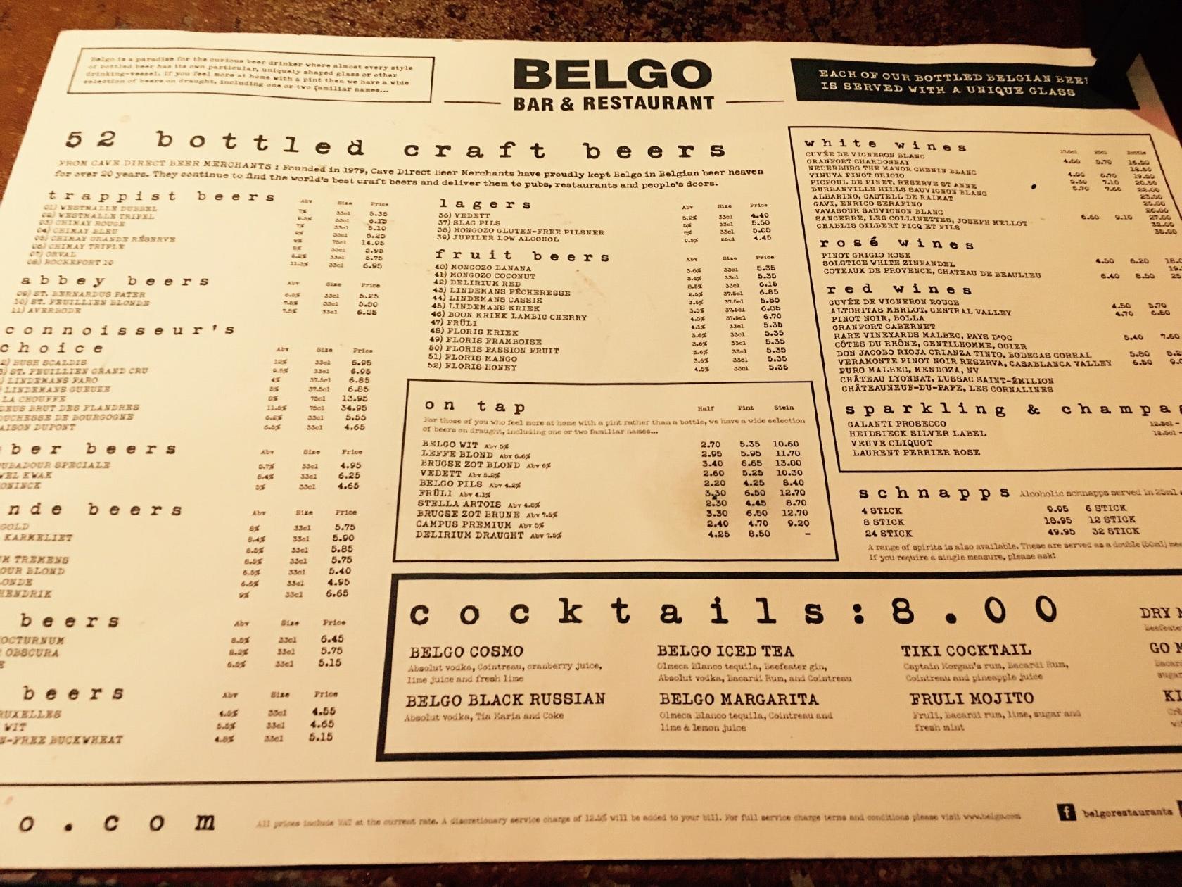 Menu at Belgo restaurant, London, 29-31 Old Compton Street